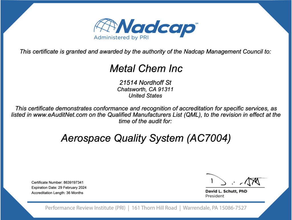 NADCAP Certifications | NADCAP Metal Finishing | Metal Chem Inc