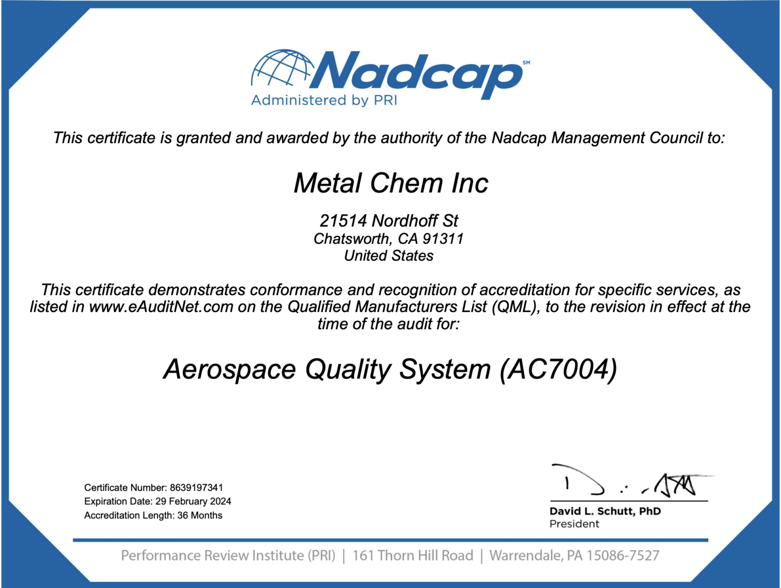 NADCAP Certifications | NADCAP Metal Finishing | Metal Chem Inc