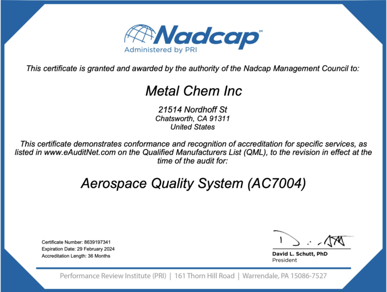 NADCAP Certifications | NADCAP Metal Finishing | Metal Chem Inc