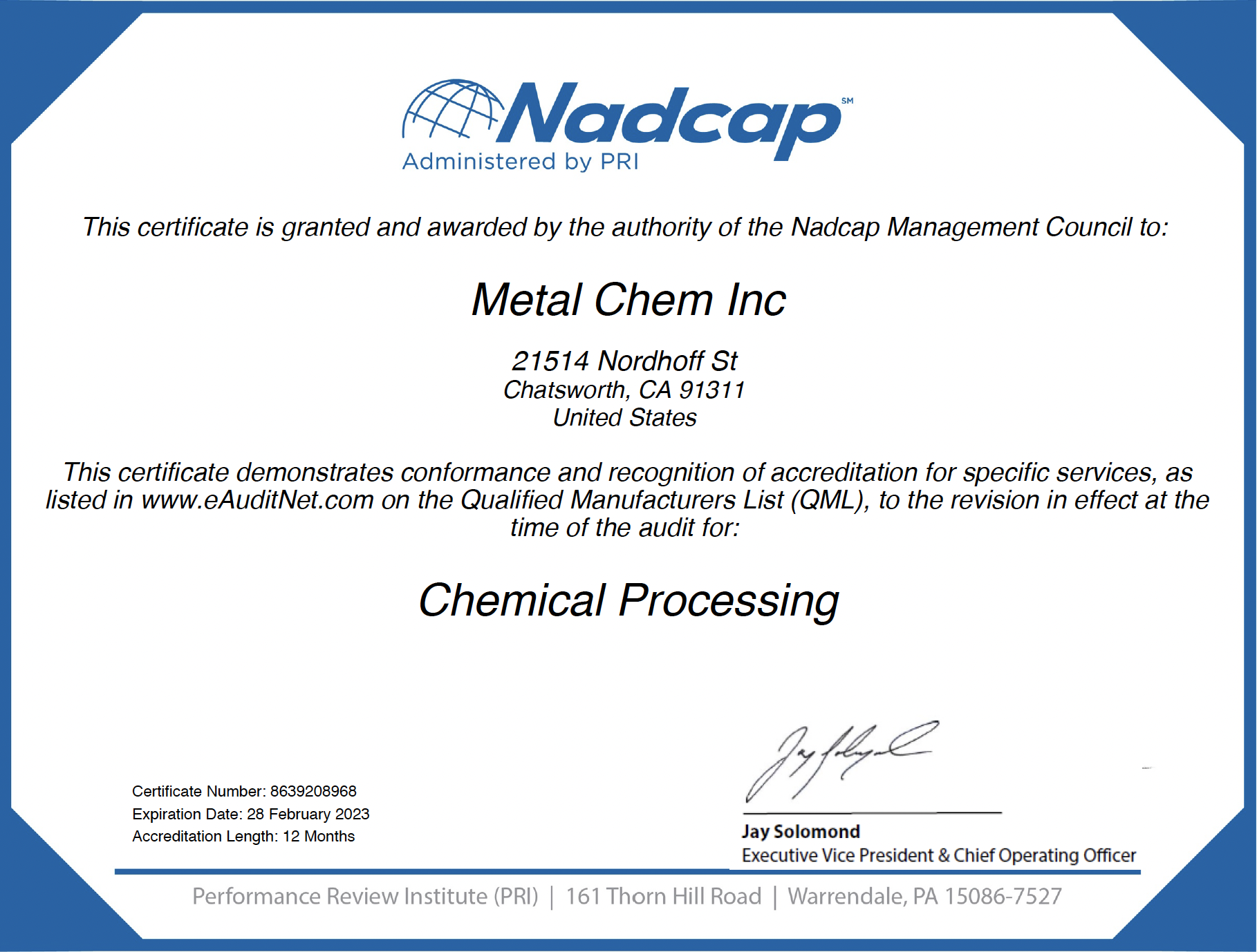 NADCAP Certifications | NADCAP Metal Finishing | Metal Chem Inc
